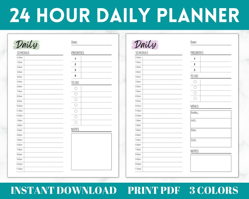 Daily Planner | 24 Hour Daily Planner Printable | Hourly | Work Day ...