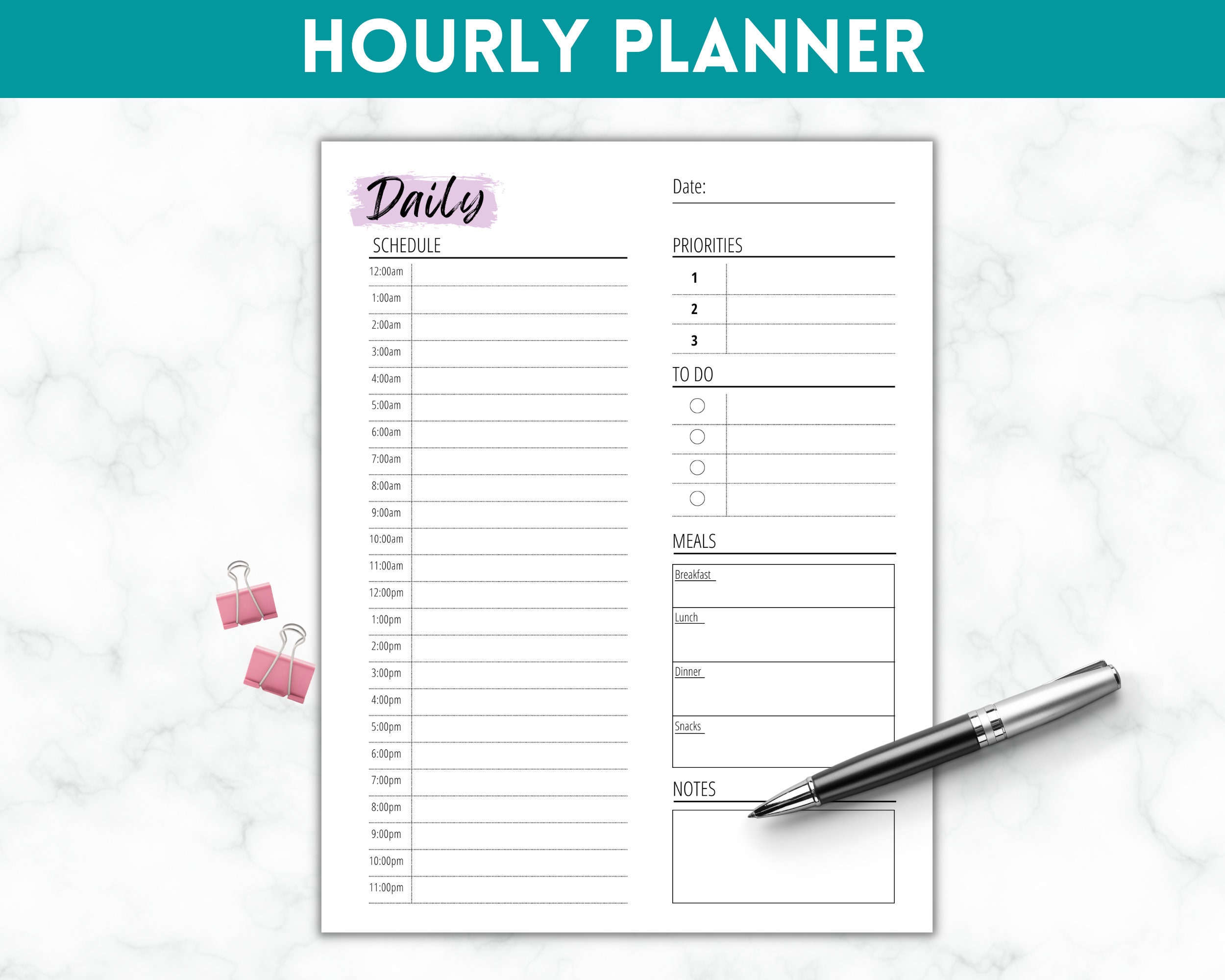 Daily Planner | 24 Hour Daily Planner Printable | Hourly | Work Day ...