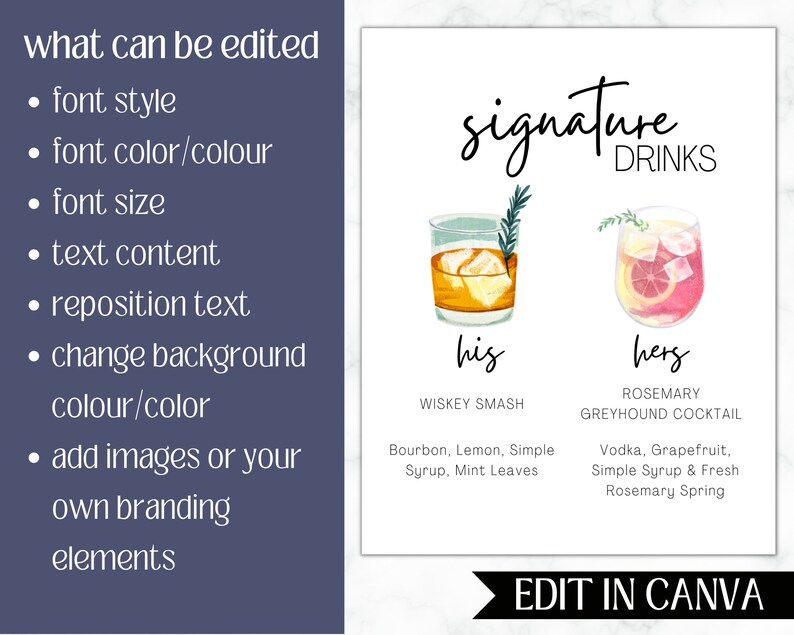 Editable Bar Menu Template | Customizable Drink List for Weddings ...