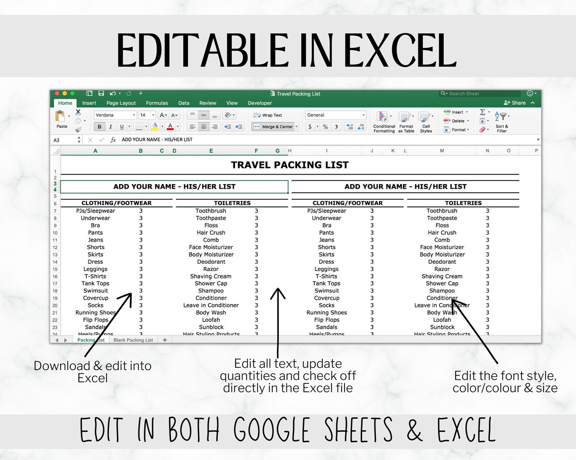 Travel Packing List Google Sheets Packing Checklist EDITABLE Wedding ...