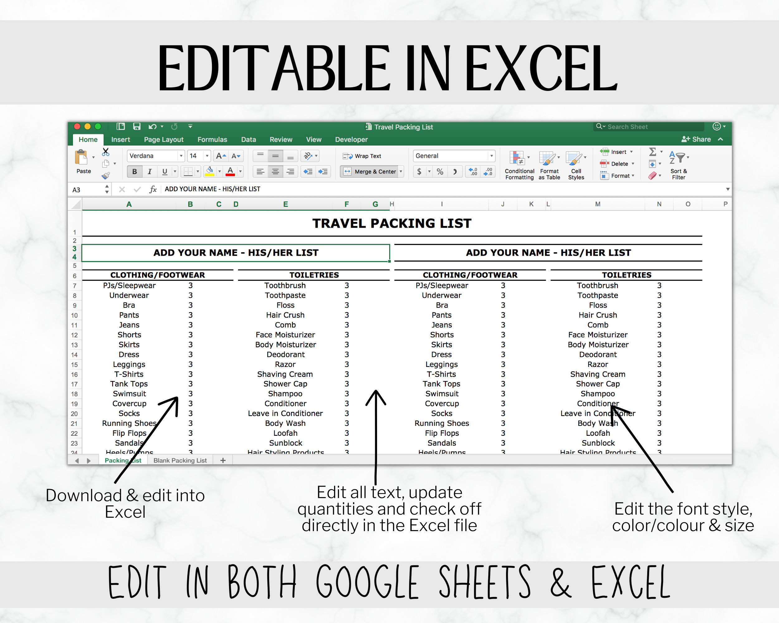 Travel Packing List Google Sheets Packing Checklist EDITABLE Wedding ...