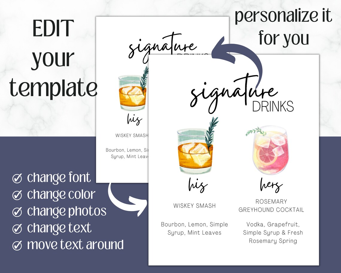 Editable Bar Menu Template | Customizable Drink List for Weddings ...