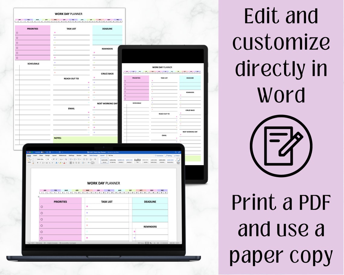 EDITABLE Work Planner | Work Day Organizer | Editable Daily Planner ...
