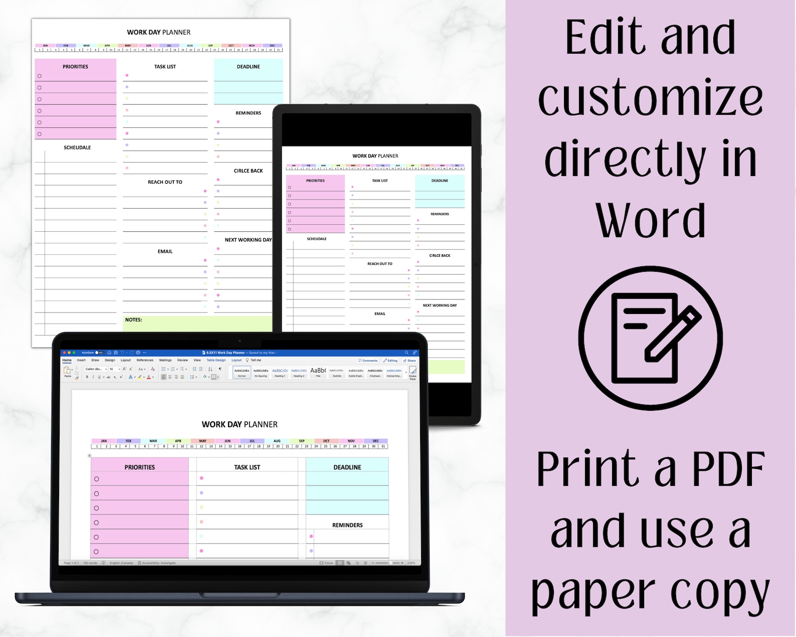 EDITABLE Work Planner Work Day Organizer Editable Daily Planner ...
