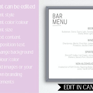 Editable Bar Menu Template | Customizable Drink List for Weddings ...