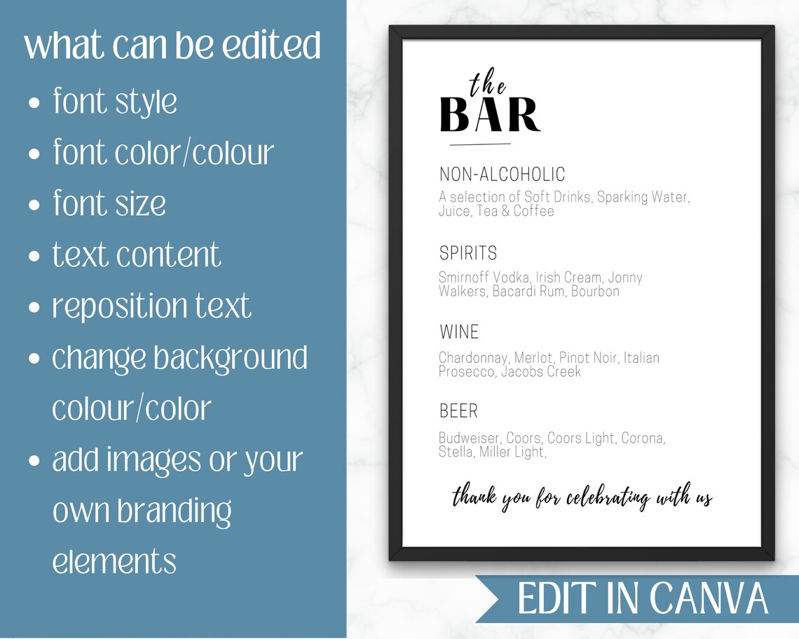 Editable Bar Menu Template Customizable Drink List for Weddings ...