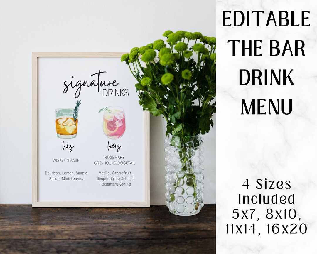 Editable Bar Menu Template | Customizable Drink List for Weddings ...