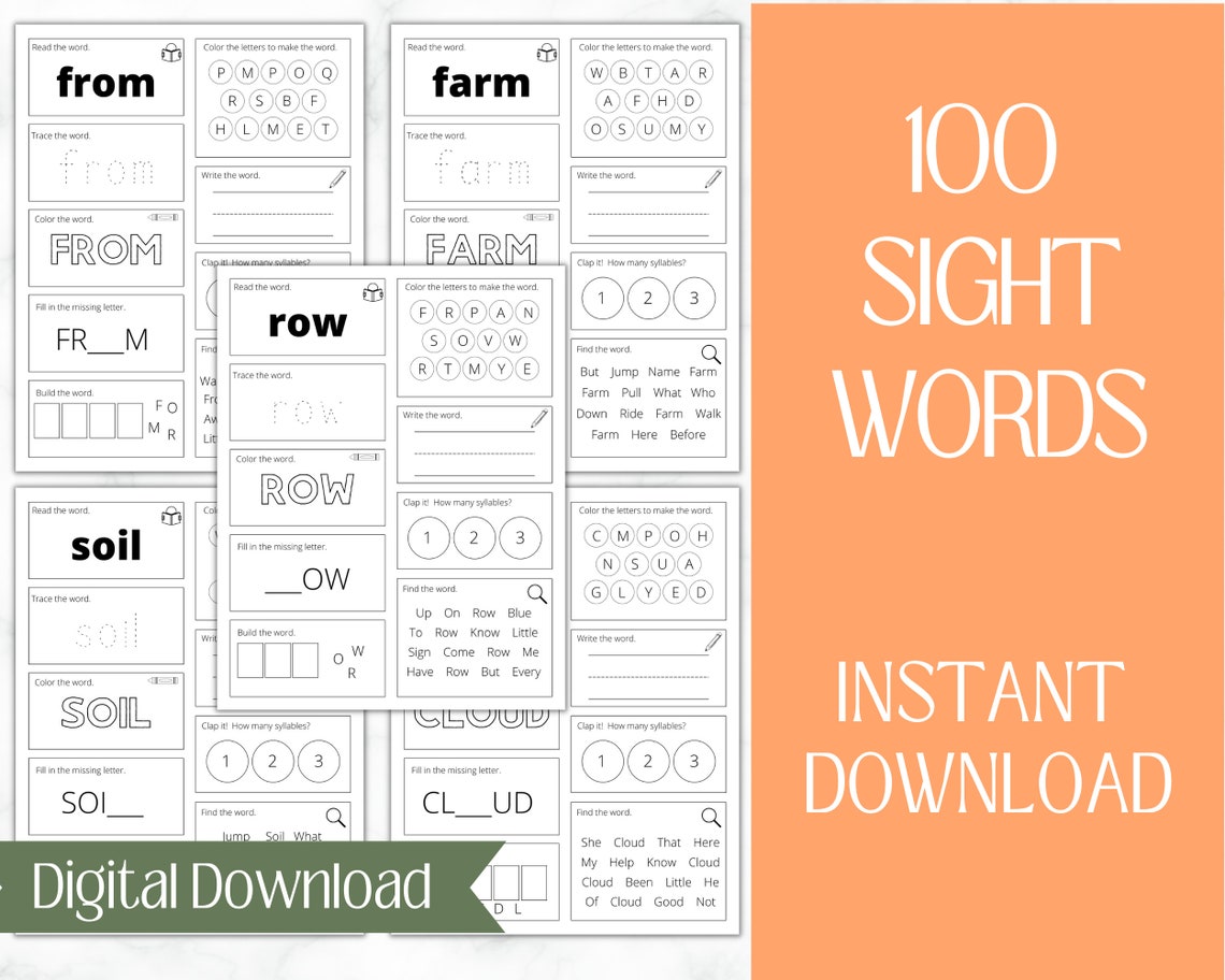 100 Printable Sight Words Kindergarten Worksheets Practice Spelling ...