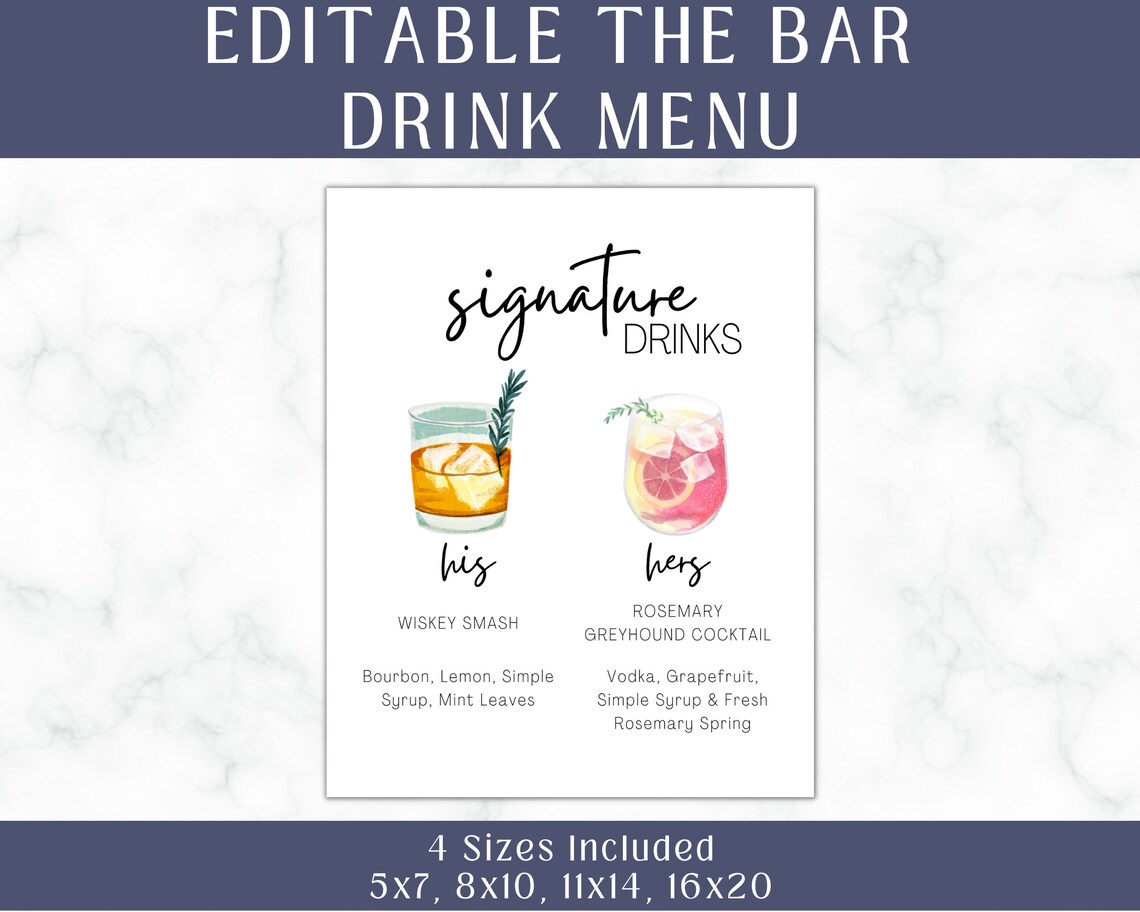 Editable Bar Menu Template | Customizable Drink List for Weddings ...
