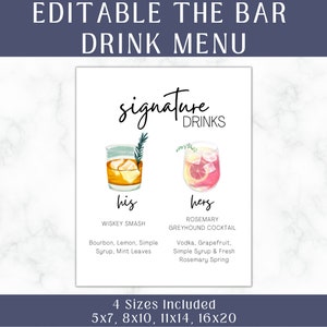 Editable Bar Menu Template | Customizable Drink List for Weddings ...