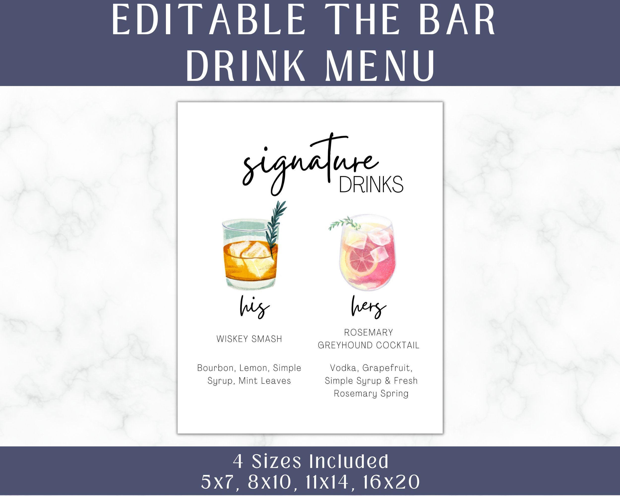 Editable Bar Menu Template Customizable Drink List for Weddings ...