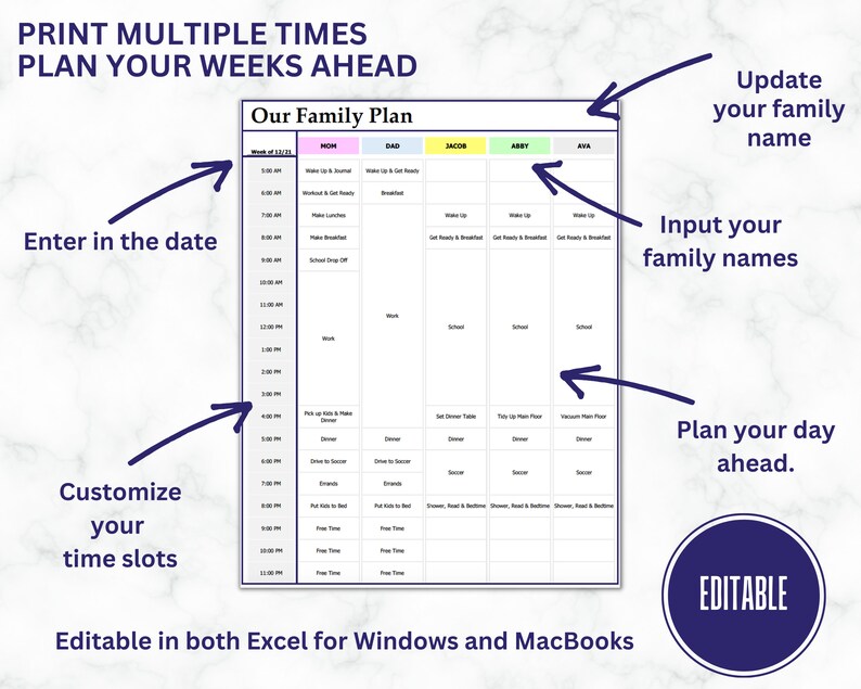 EDITABLE Daily Family Planner Schedule | Hourly Planner | Family ...