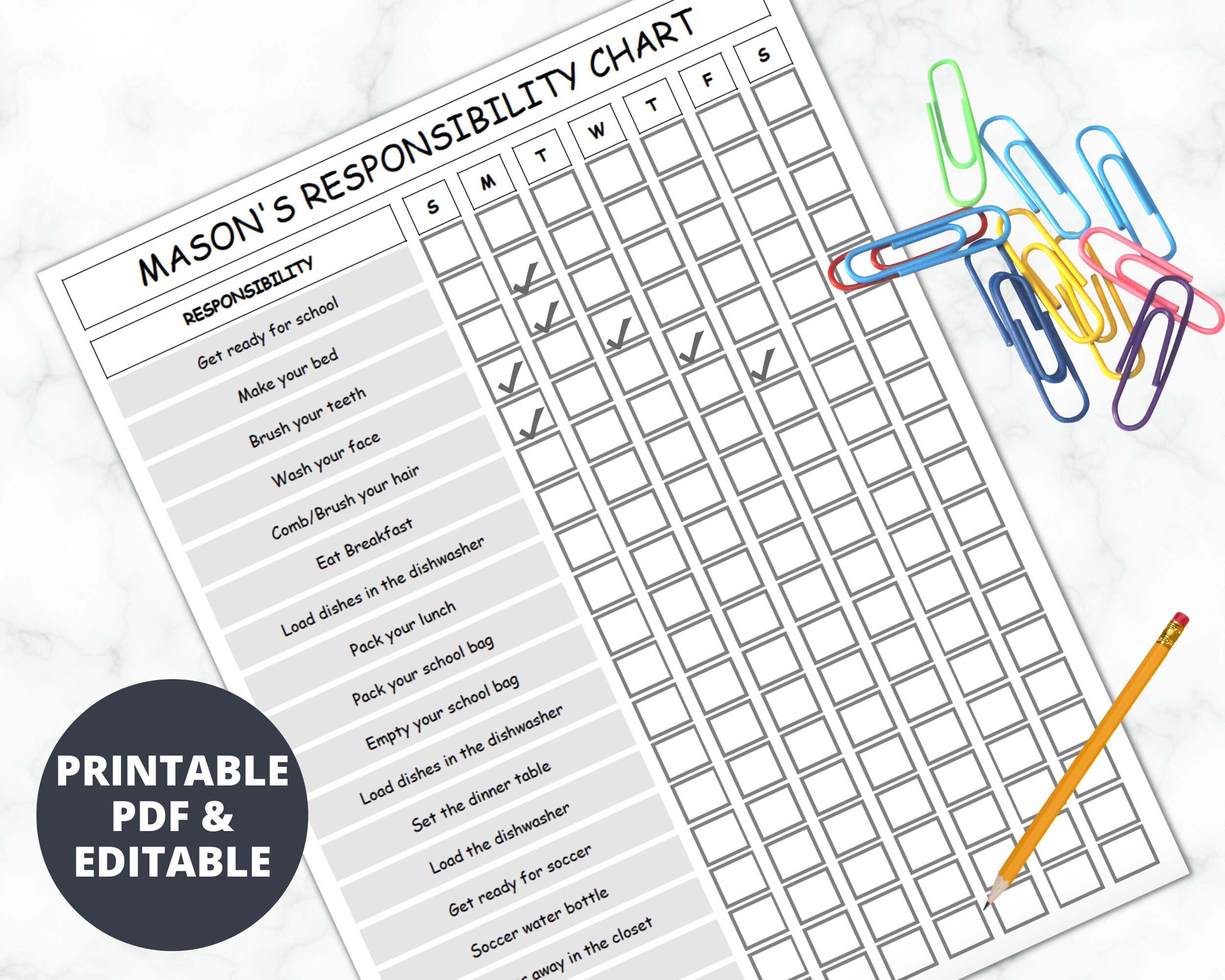 EDITABLE Child Responsibility Chart Chore Chart Kids Reward Planner ...