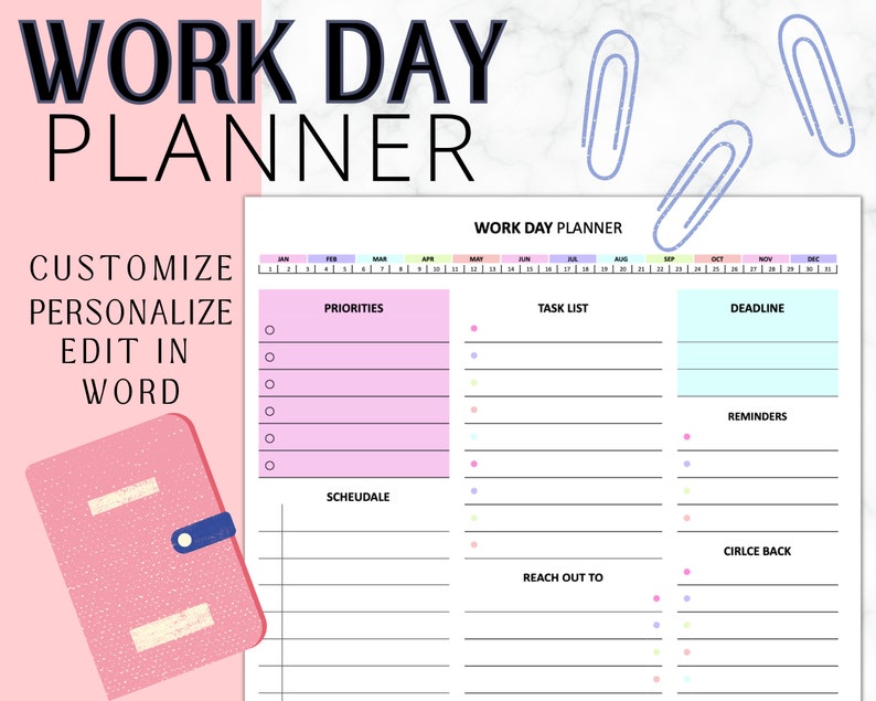 EDITABLE Work Planner Work Day Organizer Editable Daily Planner ...