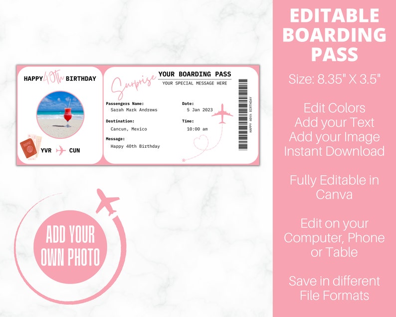 EDITABLE Boarding Ticket Template | Birthday Boarding Pass | Plane ...