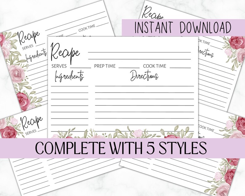 Recipe Card Template | Floral Bridal Shower | Wedding Shower | Floral ...
