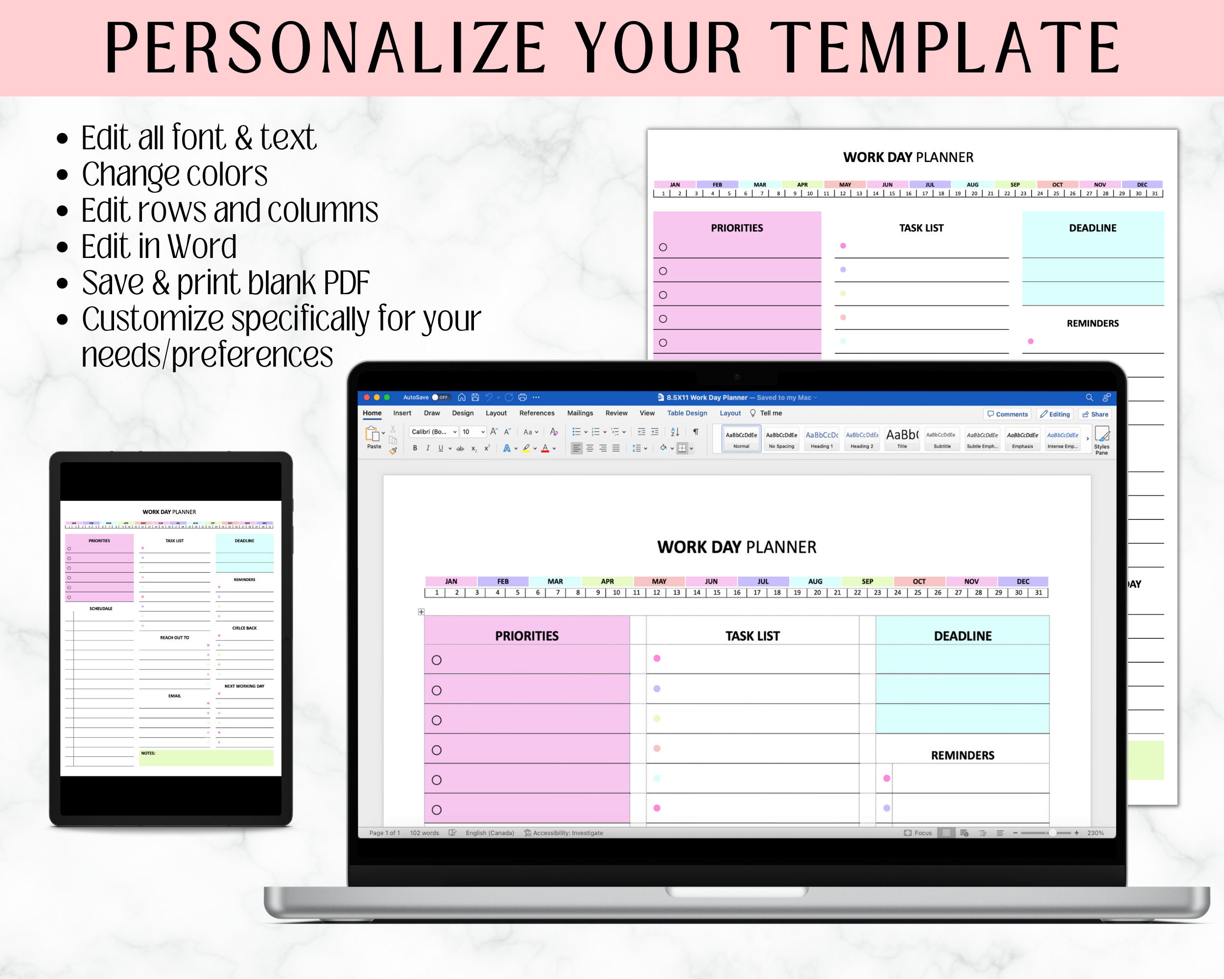 EDITABLE Work Planner Work Day Organizer Editable Daily - Etsy