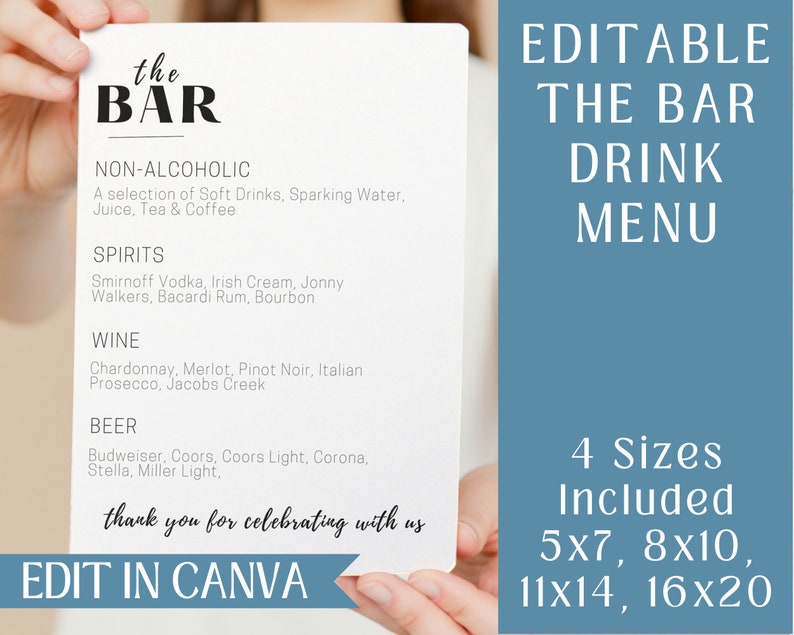 Editable Bar Menu Template | Customizable Drink List for Weddings ...