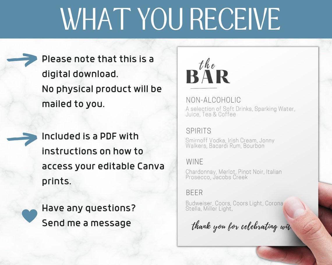 Editable Bar Menu Template Customizable Drink List for Weddings ...