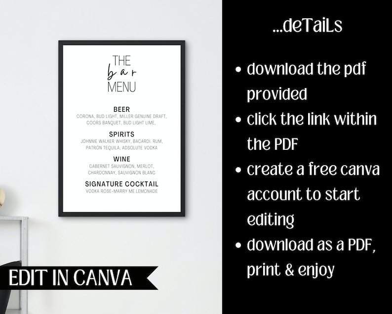 The Bar Menu | Editable | Wedding Drinks Sign | Signature Drink Menu ...