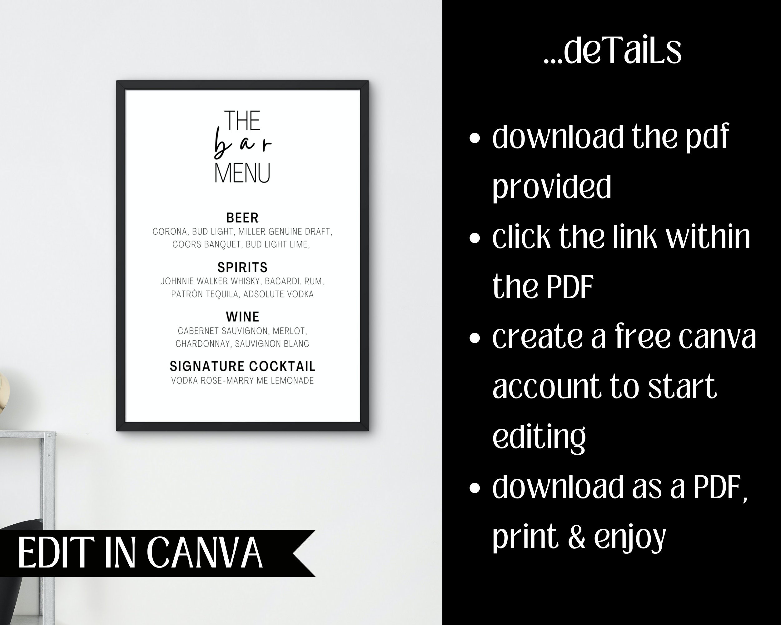 The Bar Menu | Editable | Wedding Drinks Sign | Signature Drink Menu ...
