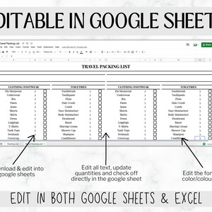 Travel Packing List | Google Sheets Packing Checklist | EDITABLE ...