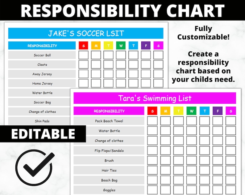 EDITABLE Responsibility Chart Printable | Chore Chart | Kids Reward ...