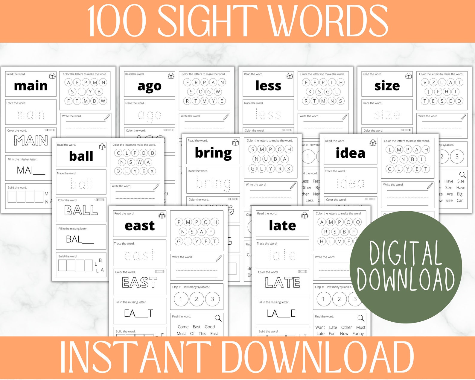 100 Printable Sight Words Kindergarten Worksheets Practice Spelling ...