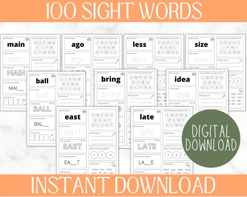 100 Printable Sight Words Kindergarten Worksheets Practice - Etsy