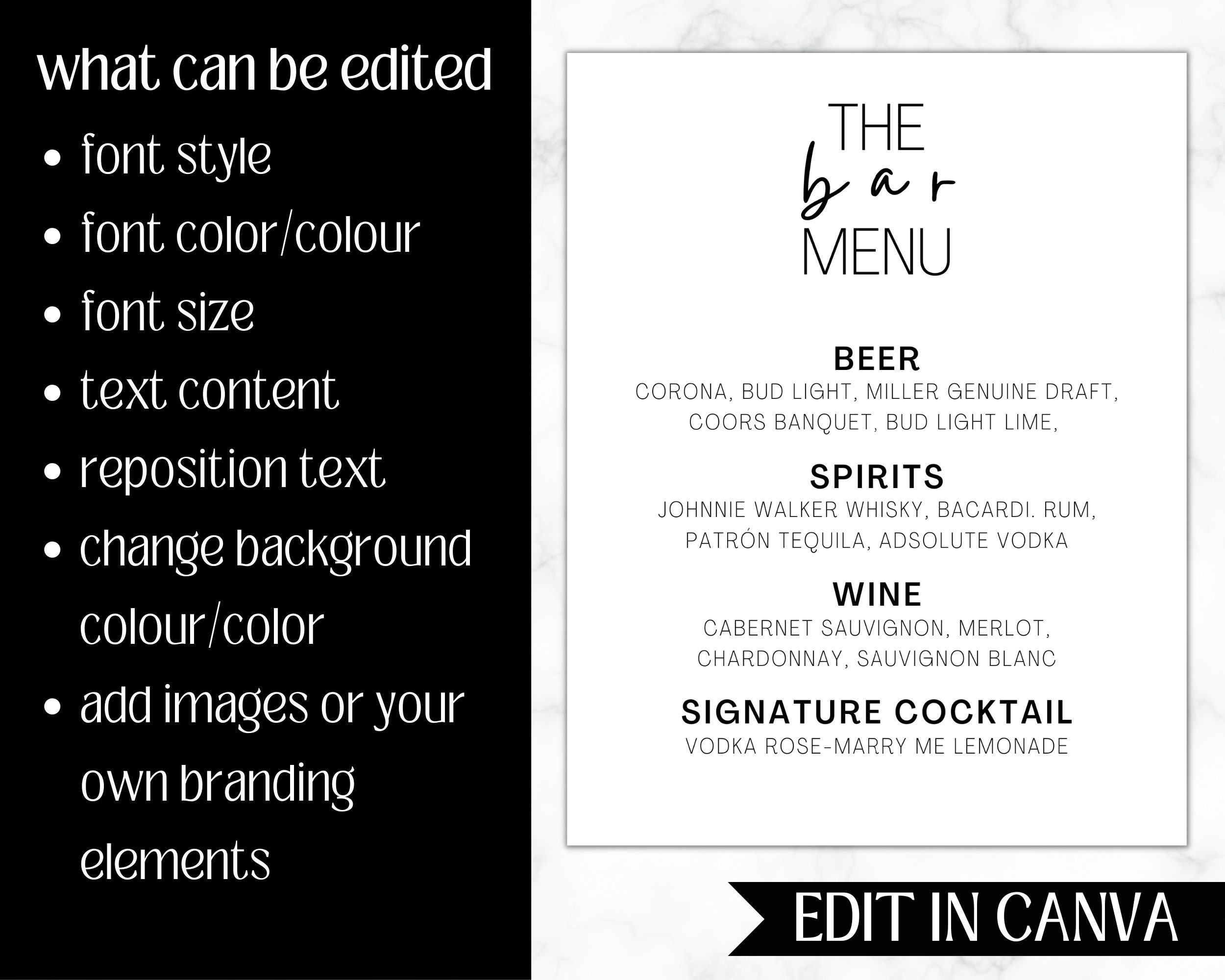 The Bar Menu Editable Wedding Drinks Sign Signature Drink Menu Alcohol ...