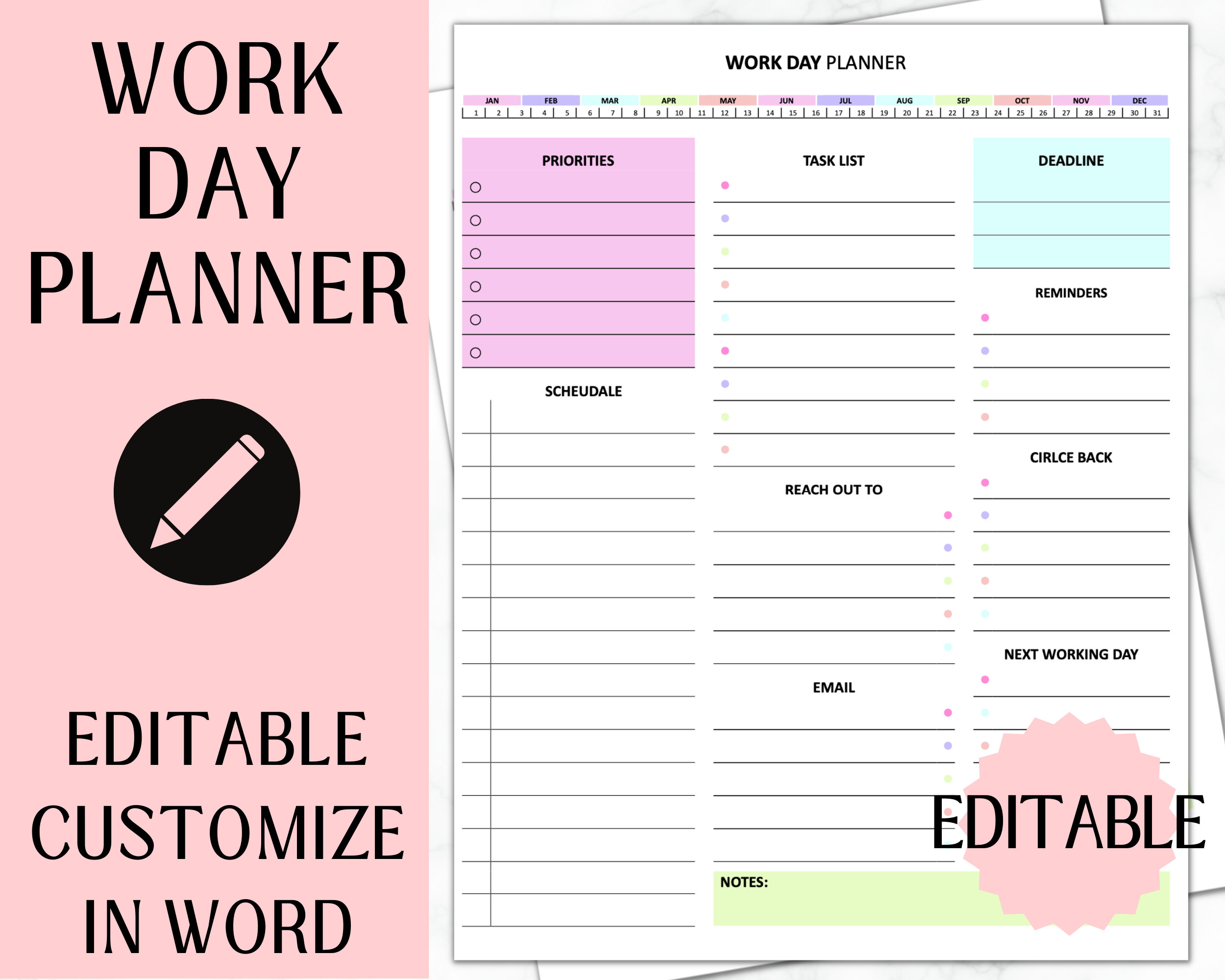 EDITABLE Work Planner Work Day Organizer Editable Daily - Etsy