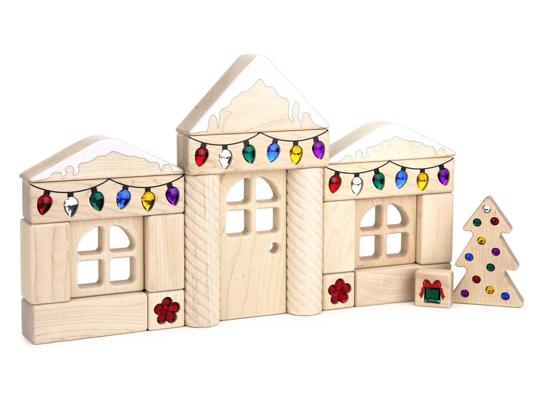 24 Pc Christmas House Building Block Set Solid Maple Children's ...