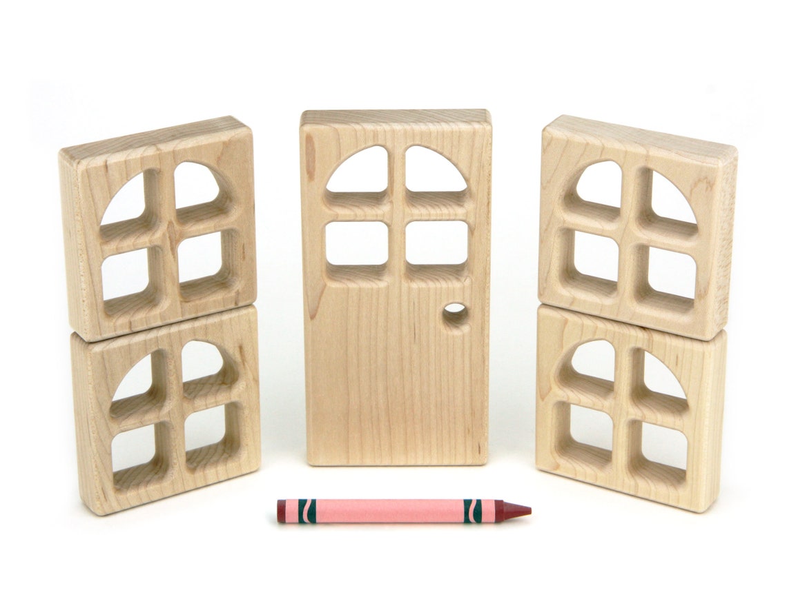5 Pc Arch-paned Window & Door Set | Solid Maple Toy Unit Building ...