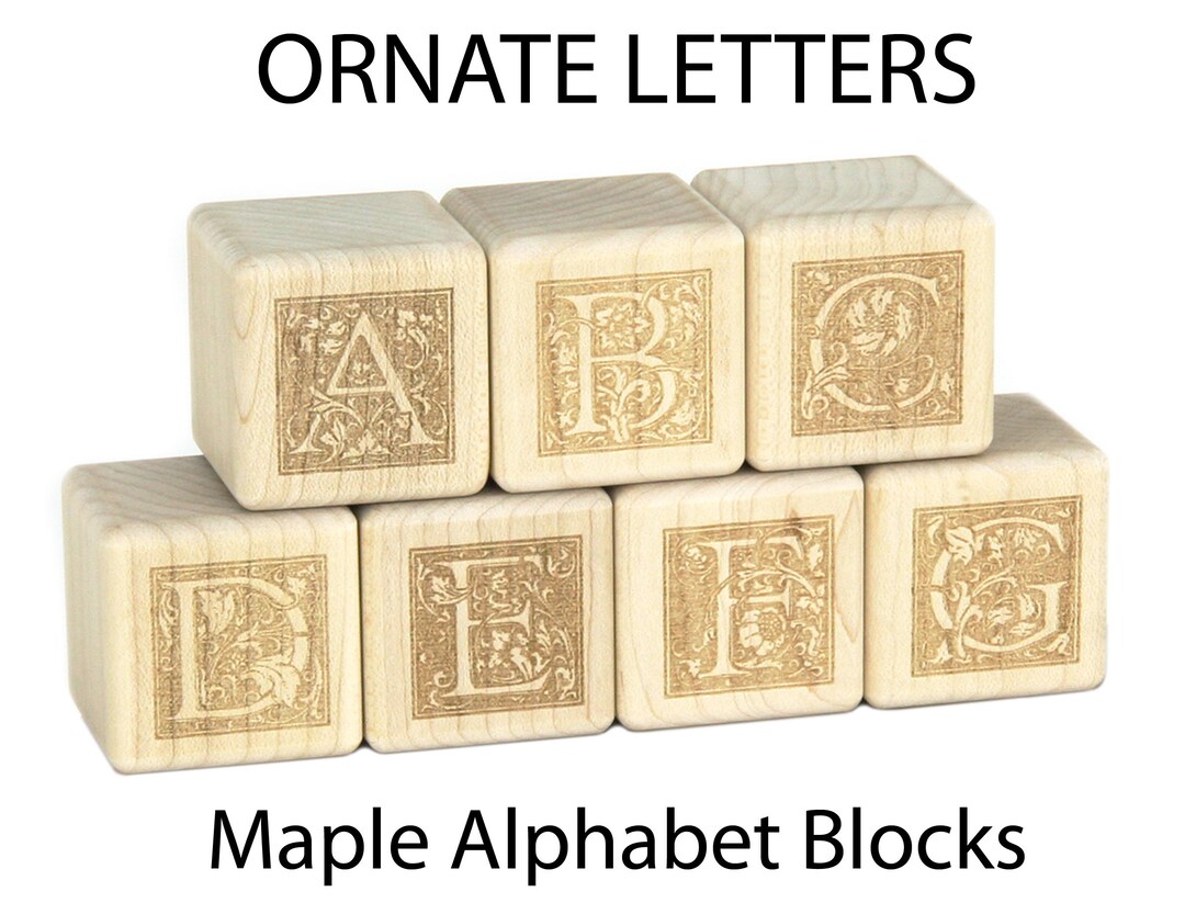 28 Pc Ornate Letter Maple Alphabet Blocks | Engraved Wood ABC Blocks ...