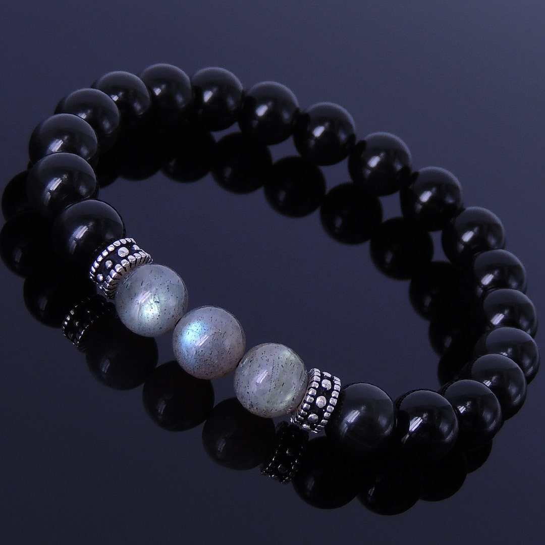 Men's Women Black Obsidian Labradorite Sterling Silver Bracelet ...
