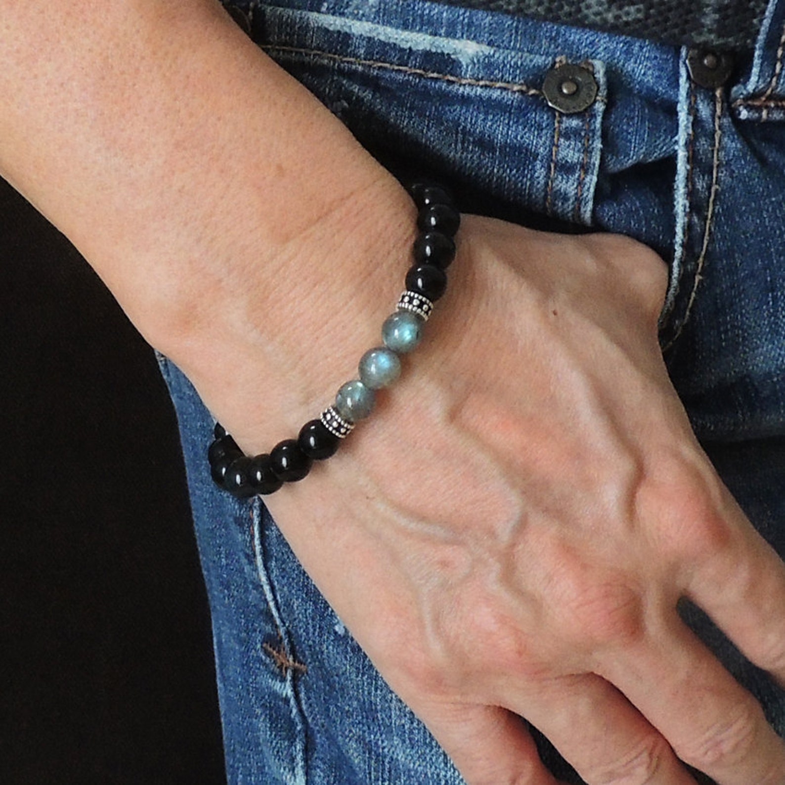 Men's Women Black Obsidian Labradorite Sterling Silver - Etsy