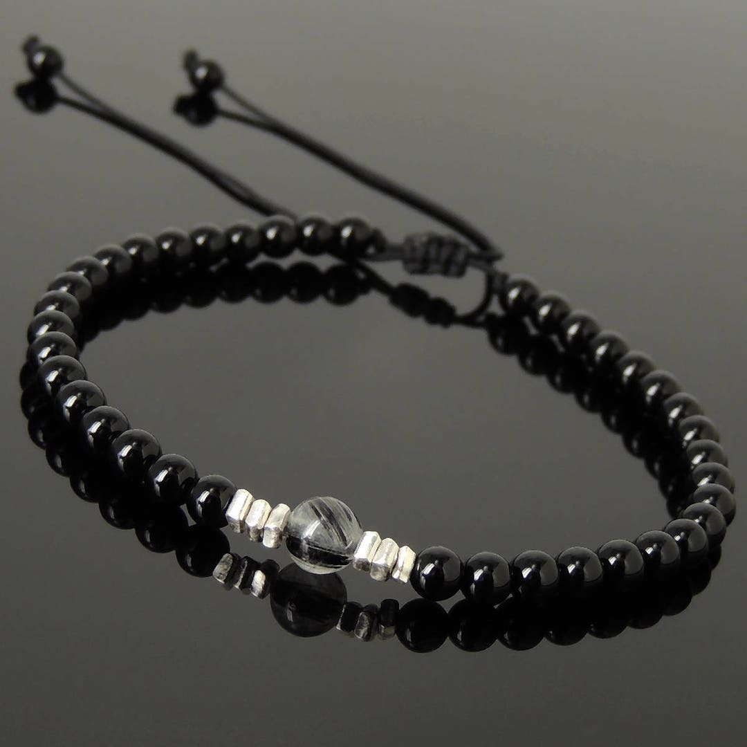 Men's Women Braided Drawstring Bracelet Black Rutilated Quartz Bright ...