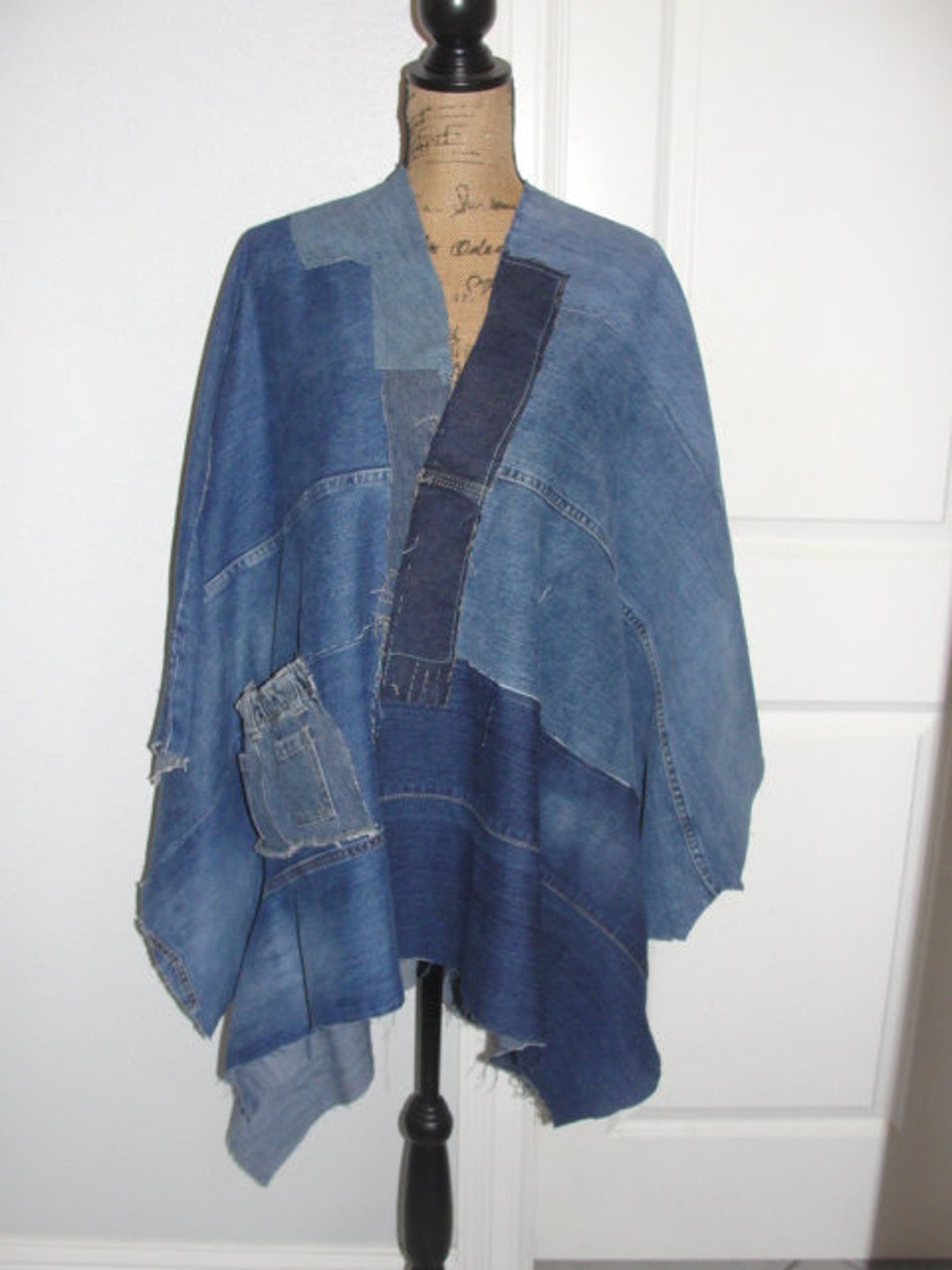 Denim Patchwork Poncho, Cape. Jean Denim Poncho. One Size Fits Most up ...