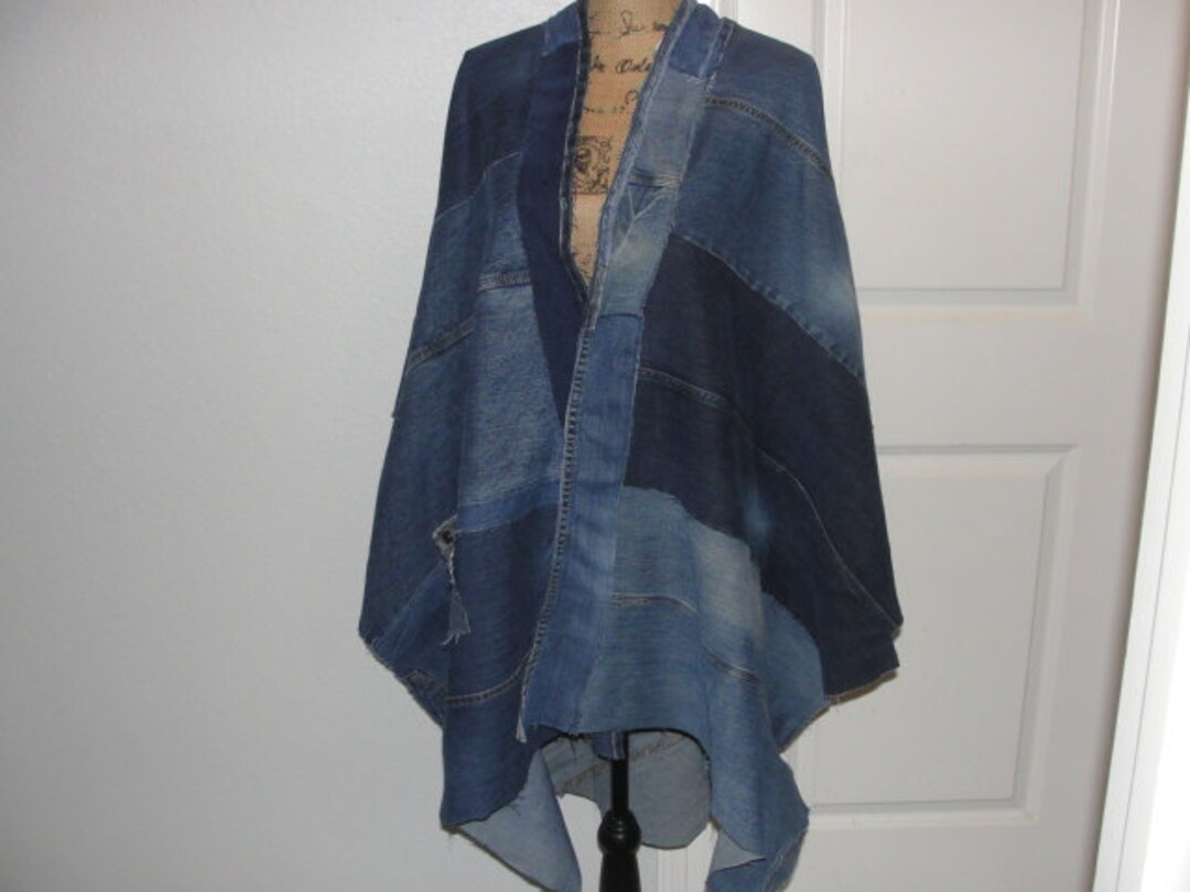 Denim Patchwork Poncho, Cape. Jean Denim Poncho. One Size Fits Most up ...