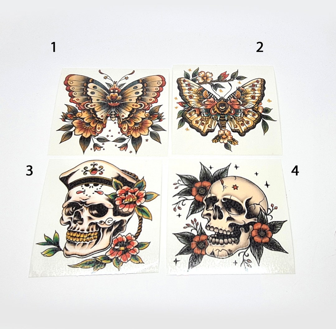 Moth and Skull Old School Vintage Style Temporary Tattoos (9/10 X 9/10 ...