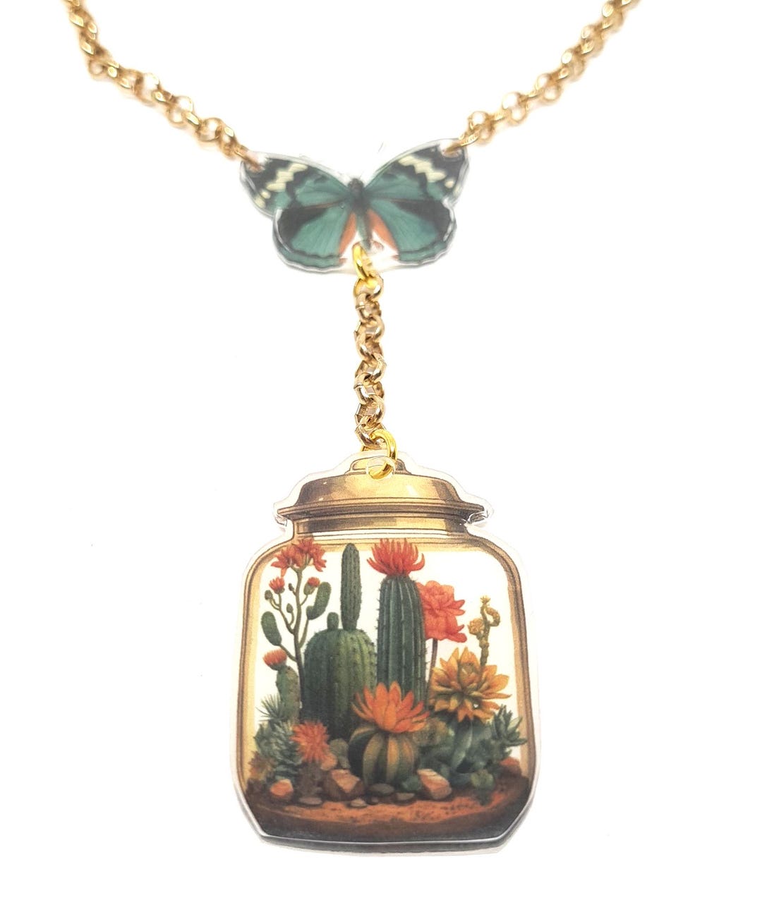 Boho Cactus Terrarium Necklace, Cacti Mason Jar Necklace, Vintage Style ...