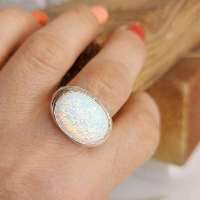White Opal Big Ring - Etsy UK