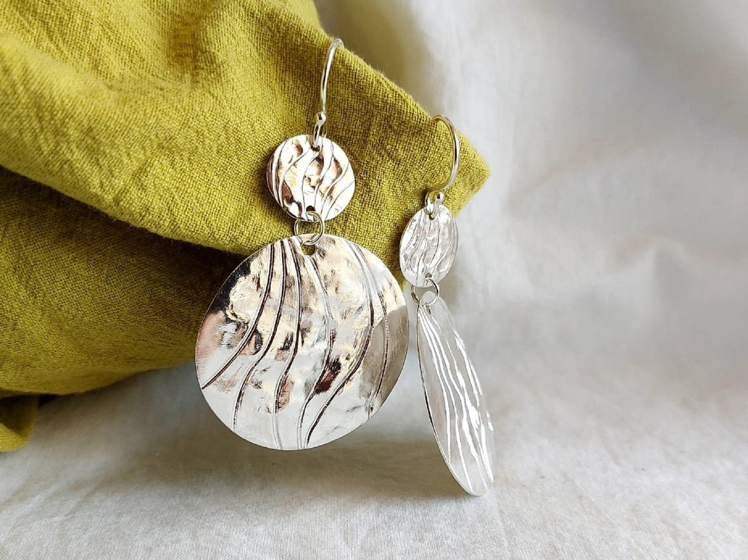 Hammered Sterling Silver Dangle Earrings: Large Round Drop Earrings ...