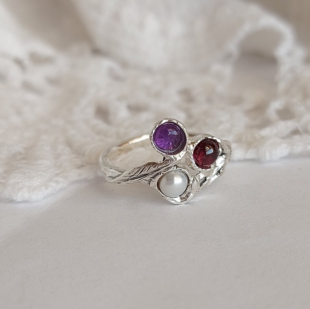 Triple Gemstone Sterling Silver Mothers Ring - Leaf Design - Etsy