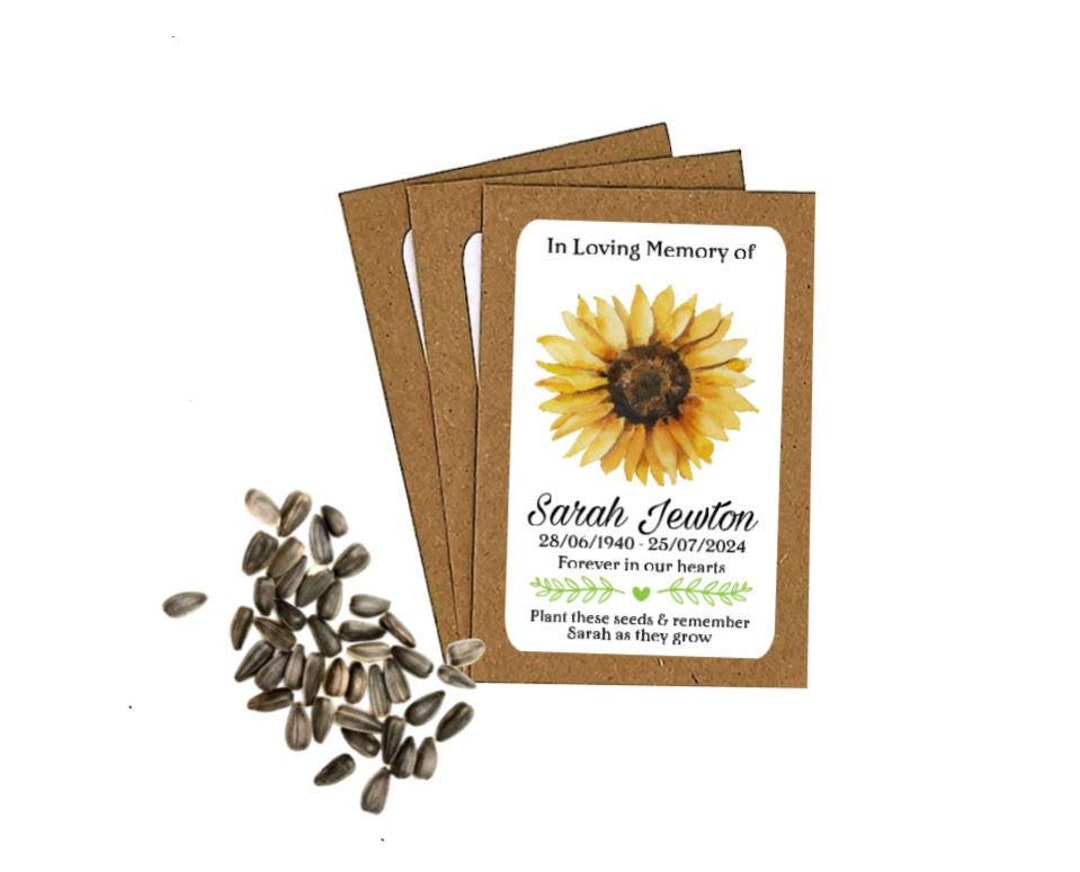 50 Personalised Funeral Sunflower Seed Packets Envelope Funeral Favours ...