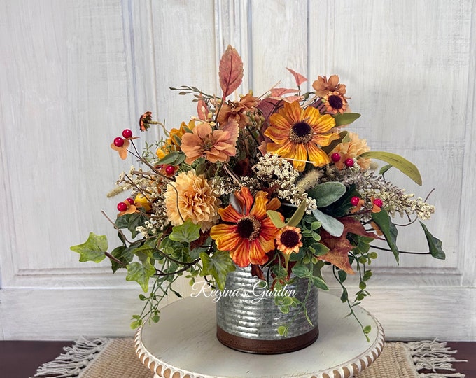 Fall Floral Centerpiece for Table in Metal Pail-rustic Autumn Farmhouse ...