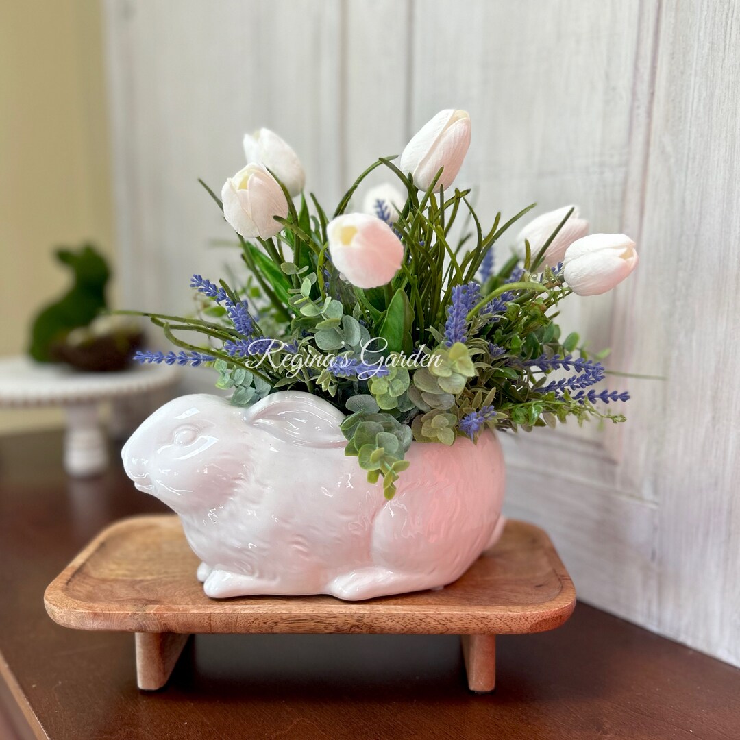Springtime White Ceramic Rabbit Planter With Real Touch Tulips-easter ...