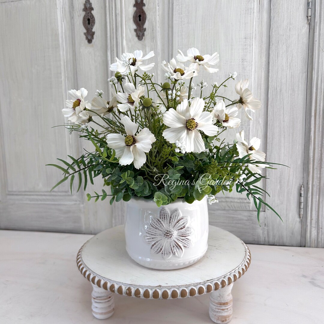 White Cosmos Arrangement in White Ceramic Pot-modern Farmhouse ...