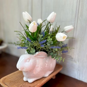 Springtime White Ceramic Rabbit Planter With Real Touch Tulips-easter ...