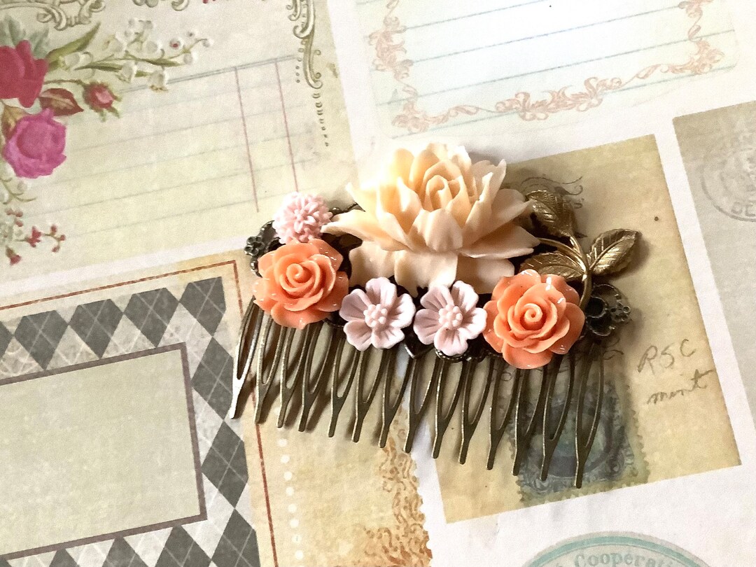 Hair Combs- Blue-pink Coral-floral-brass Comb-hair Accessories - Etsy